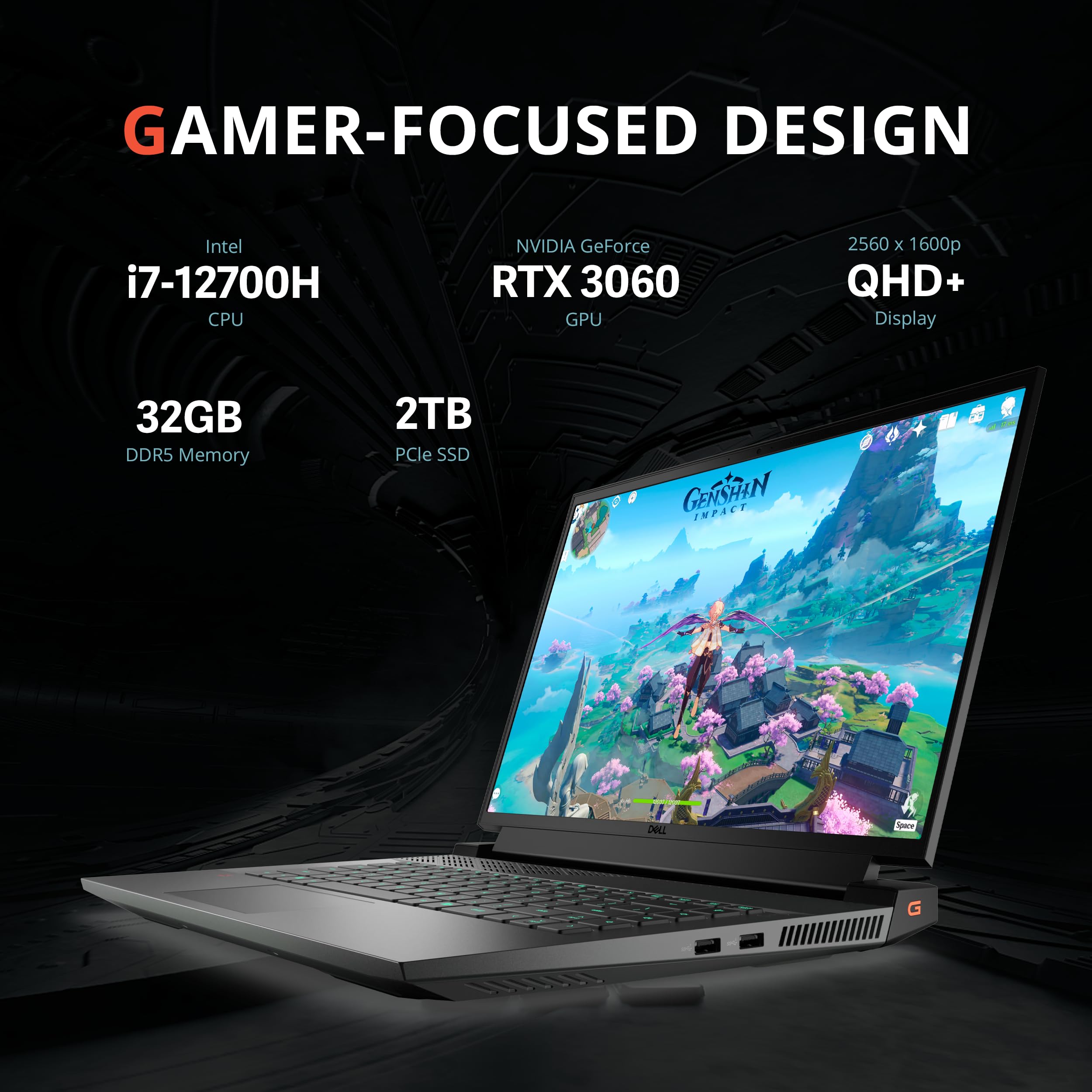 Dell G16 16‘’ FHD 165Hz Gaming Laptop, Intel Core i7-12700H, 32GB DDR5 RAM, 2TB PCIe SSD, NVIDIA GeForce RTX 3060 6G, RGB Backlit Keyboard, HD Camera, Win 11 Pro, Gray