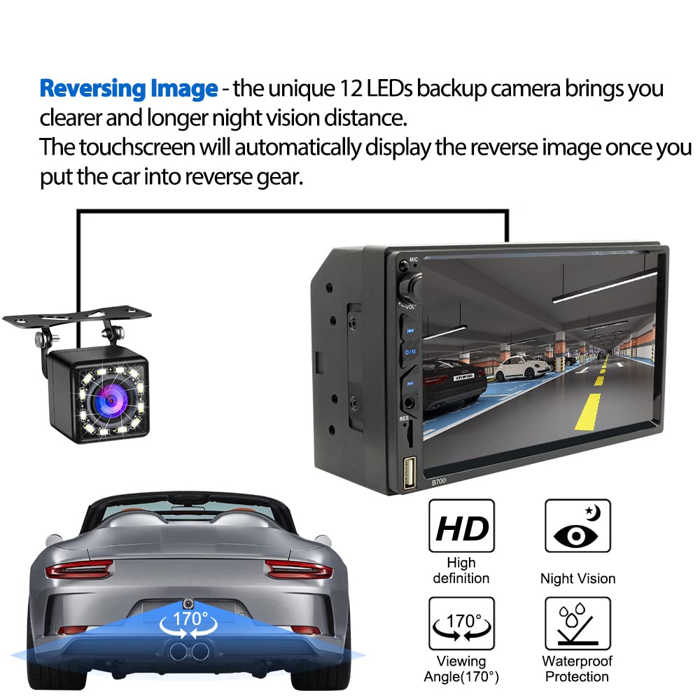 Double Din Car Stereo Built-in Apple CarPlay and Android Auto, 7 Inch Touchscreen Radio with Bluetooth 5.0 and 12LED Backup Camera, Phone Mirror-Link Car Multimedia Player Audio Receiver