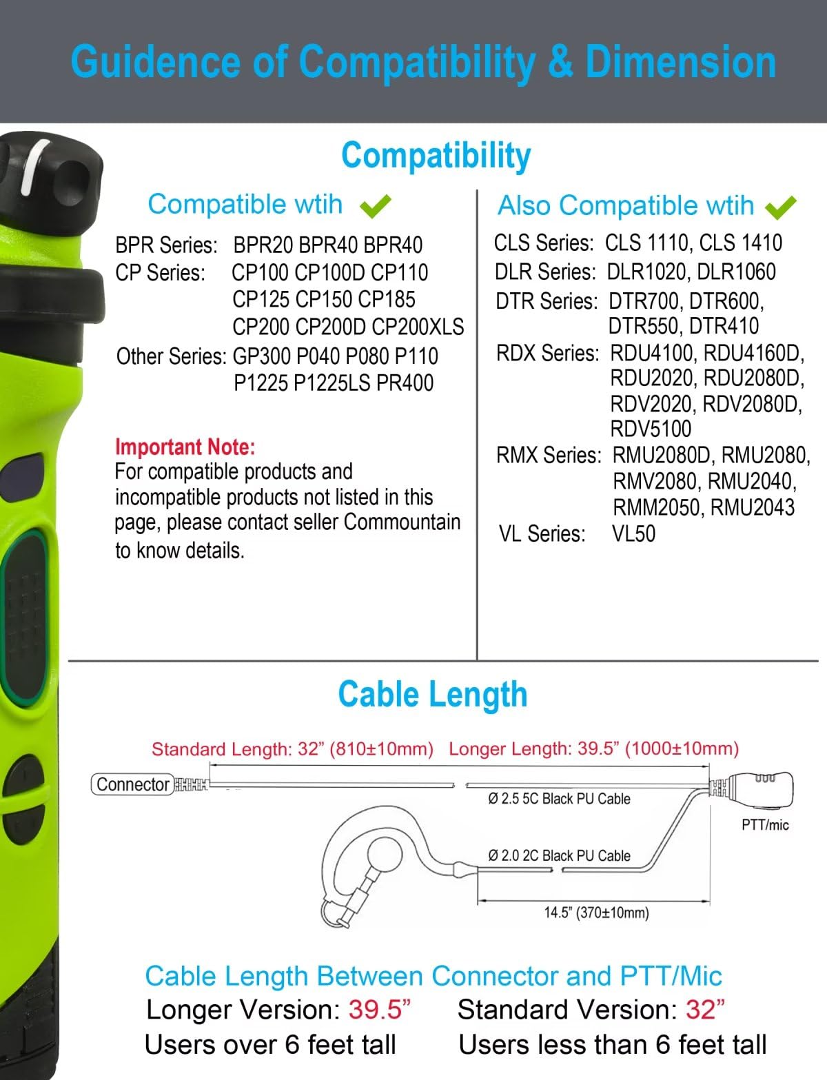 commountain CP200D CP100D Earpiece Compatible for Motorola Radios R2 CP200 CP185 BPR40 BPR40D CLS1410 CLS1110 DTR700 DTR650 RDU4100 RDU4160D RMU2040 RMU2080D CLS CP, G Shape Earhook Headset Ear Piece