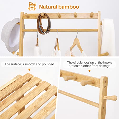 Homde Bamboo Clothing Rack with 3 Storage Box, Garment Rack Clothes Racks for Hanging Clothes, Standing Wardrobe Storage Rack with 2 Organizer Shelves, Portable, Natural