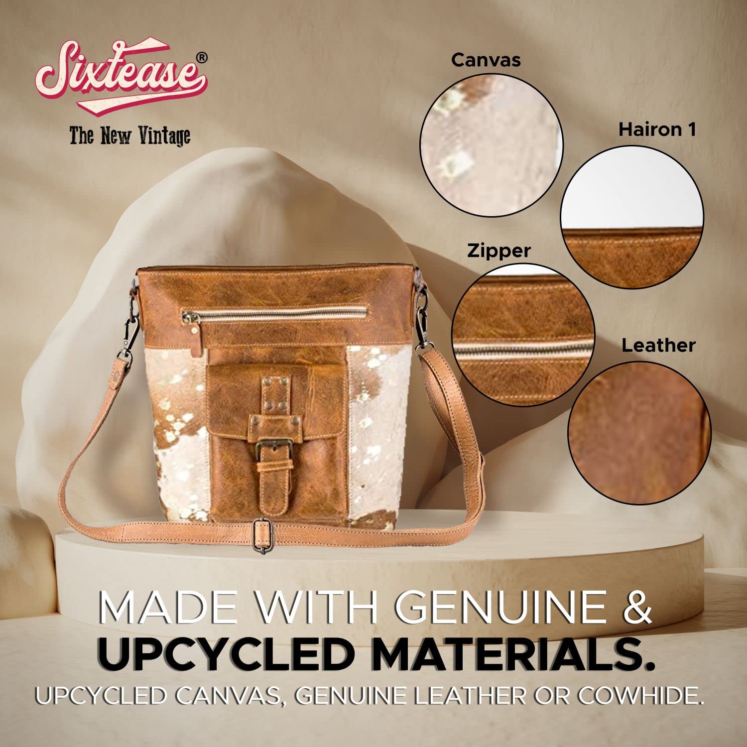 SIXTEASE Womens Shoulder Bag Vintage Style Shoulder Bags for Women - Made with Genuine Leather, Upcycled Canvas, or Hair On - Handmade, Adjustable Strap, Brass and Zinc Hardware - Tan Gold