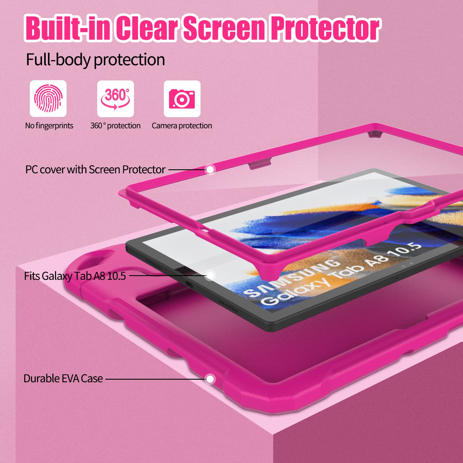 RTOBX Kids Case for Samsung Galaxy Tab A8 10.5 Inch 2022, Galaxy Tab A8 Case with Screen Protector, Shockproof Handle Stand Case for Samsung Galaxy Tab A8 10.5β 2022 (SM-X200/SM-X205/SM-X207), Pink