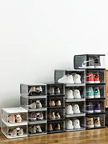 kicksluoplug KM,Shoe Storage Box,Arc-Shaped Safe Plastic box, Set of 4,Shoe Organizer for Display Sneakers,Stackable Clear box,Fit up to US Size 12(13.4inx 9.84inx 7.1in) (Black)
