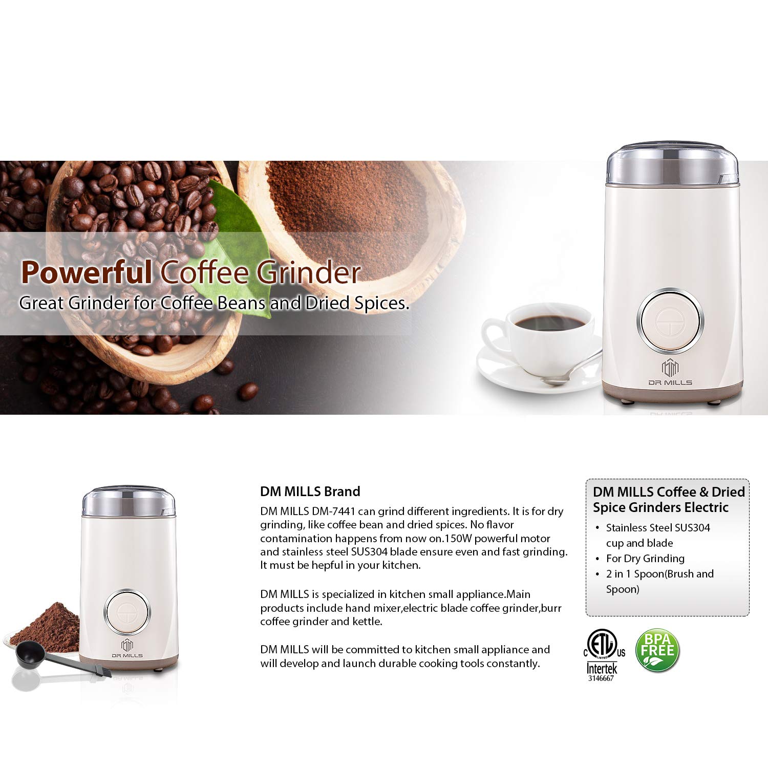 DR MILLS DM-7441 white Coffee Grinder Electric Coffee Bean Grinder,Spice Grinder,Blade & cup made with SUS304 stianlees steel (White)