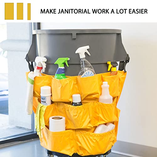 Yellow Trash Can Caddy Bag for Garbage Bins- Fits 32-50 Gallon Can & 12 Storage Pockets & Heavy Duty Vinyl Construction, Ideal for Housekeeping /Maid Services/Janitorial Companies/ Cleaning Crews