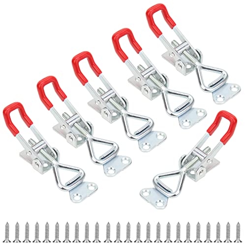 Favordrory 6 Pack Toggle Latch Clamp, Pull Latch, Adjustable Toggle Clamp Latch, Heavy Duty Toggle Latch, 150Kg 330Lbs Holding Capacity (25 Pieces Screws) Red + Silver