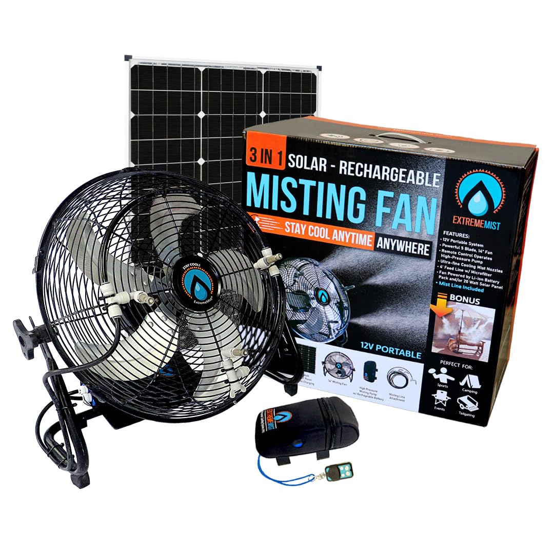 EXTREMEMIST 14โ Misting Fan โ 3 Mister Nozzles, 20W Solar Panel | Detachable Pump with 16ft. Misting Line | Perfect for Outdoors, Camping, Tailgating