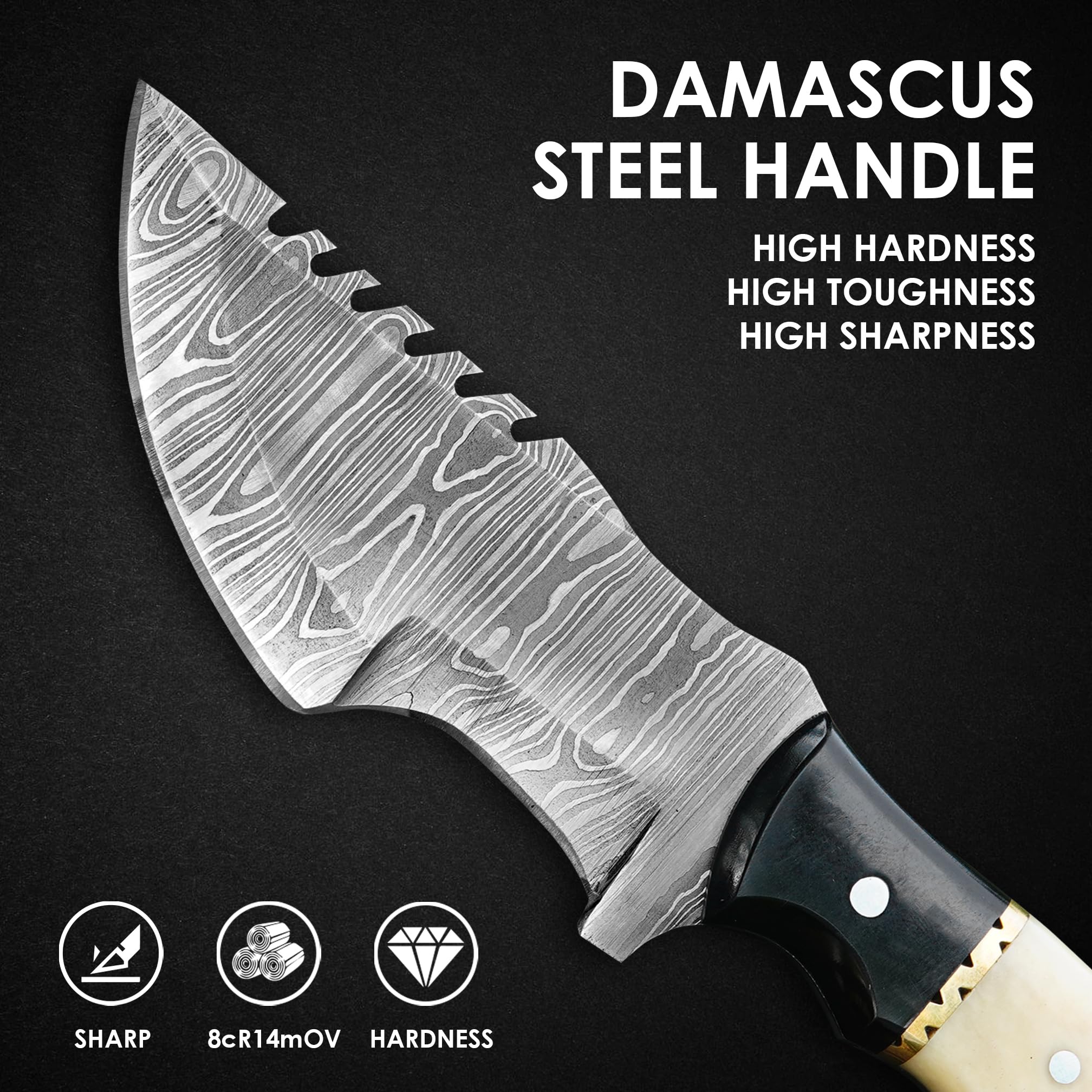 Damascus Tracker Knife Fixed Blade Hunting Knife with Sheath EDC Scout Carry Knife with Horn and Bone Handle