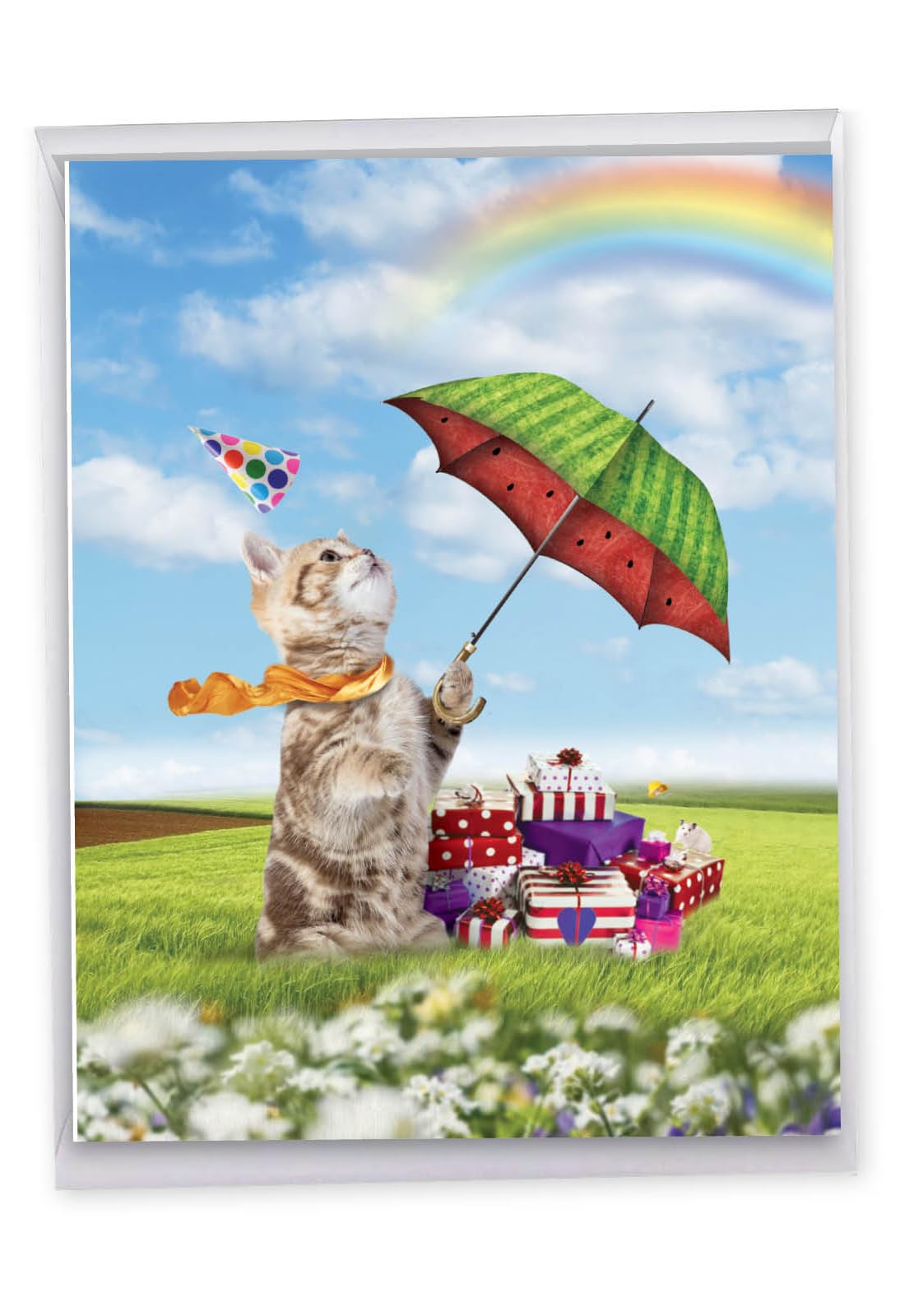 NobleWorks - 1 Large Birthday Greeting Card (8.5 x 11 Inch) - Fun Animal Bday Celebration, Stationery Notecard - Fruit Cat J6323ABDG