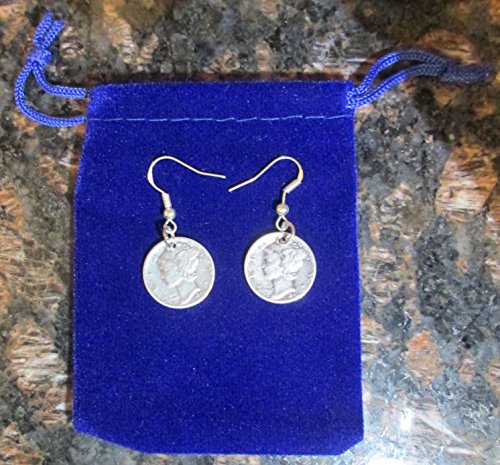 Mercury Dime (900 Silver) Earings with 925 Sterling Silver Earrings Hook Coil Ear Wires & Gift Bag