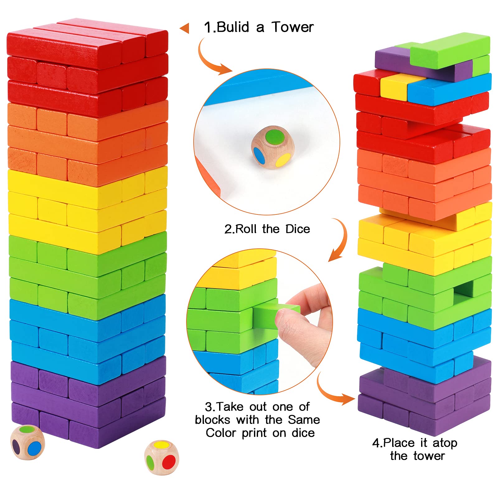 Tacobear Colorful Wooden Stacking Board Games Building Blocks for Kids Boys Girls Ages 3 4 5 6 7 8 with 54 Pieces