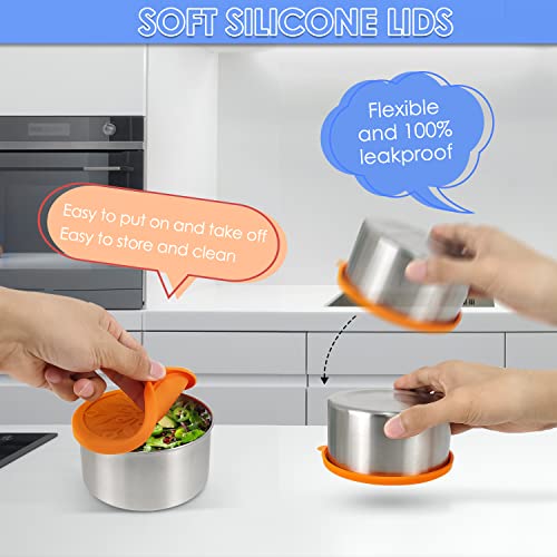 ikitchen Stainless Steel Snack Containers with Leakproof Silicone Lids, Salad Dressing Containers for Kids Reusable Metal Nesting Lunch Condiments Container Food Storage Set of 4