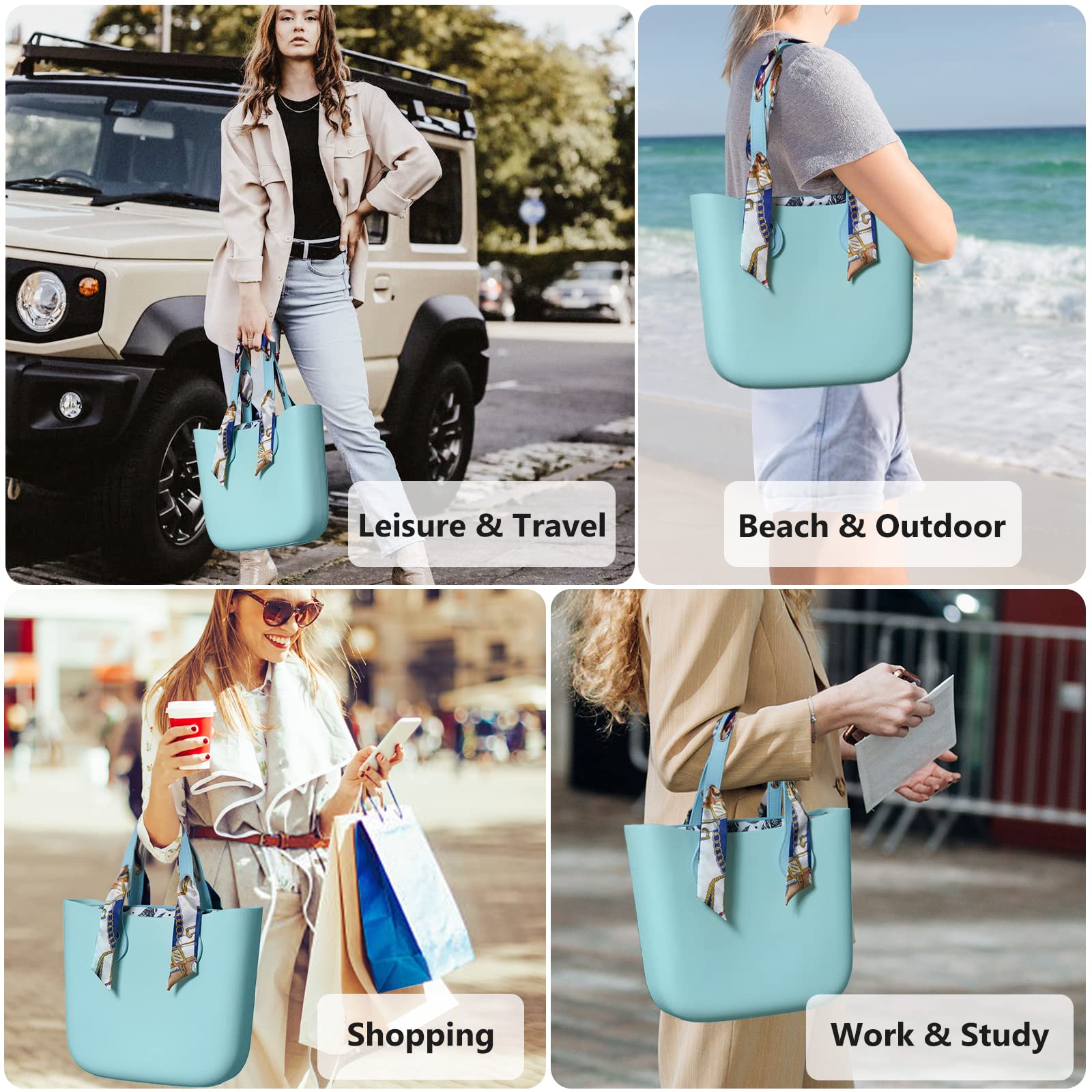 Carfany Small Beach Bag With Zipper Washable Rubber Tote Bag For Women Blue