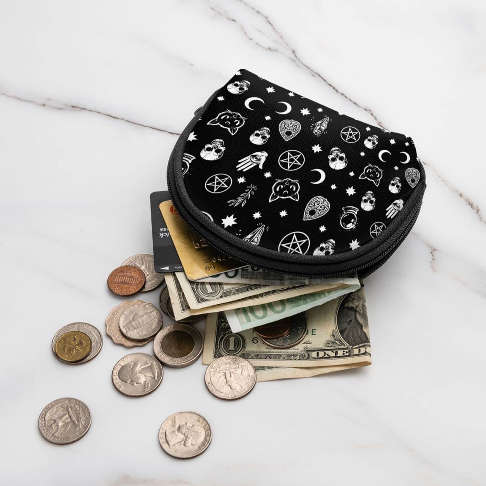 Skull Cat Moon Gothic Canvas Small Coin Purse Pouch Change Wallet Card Holder with Zipper for Women Girls Gift