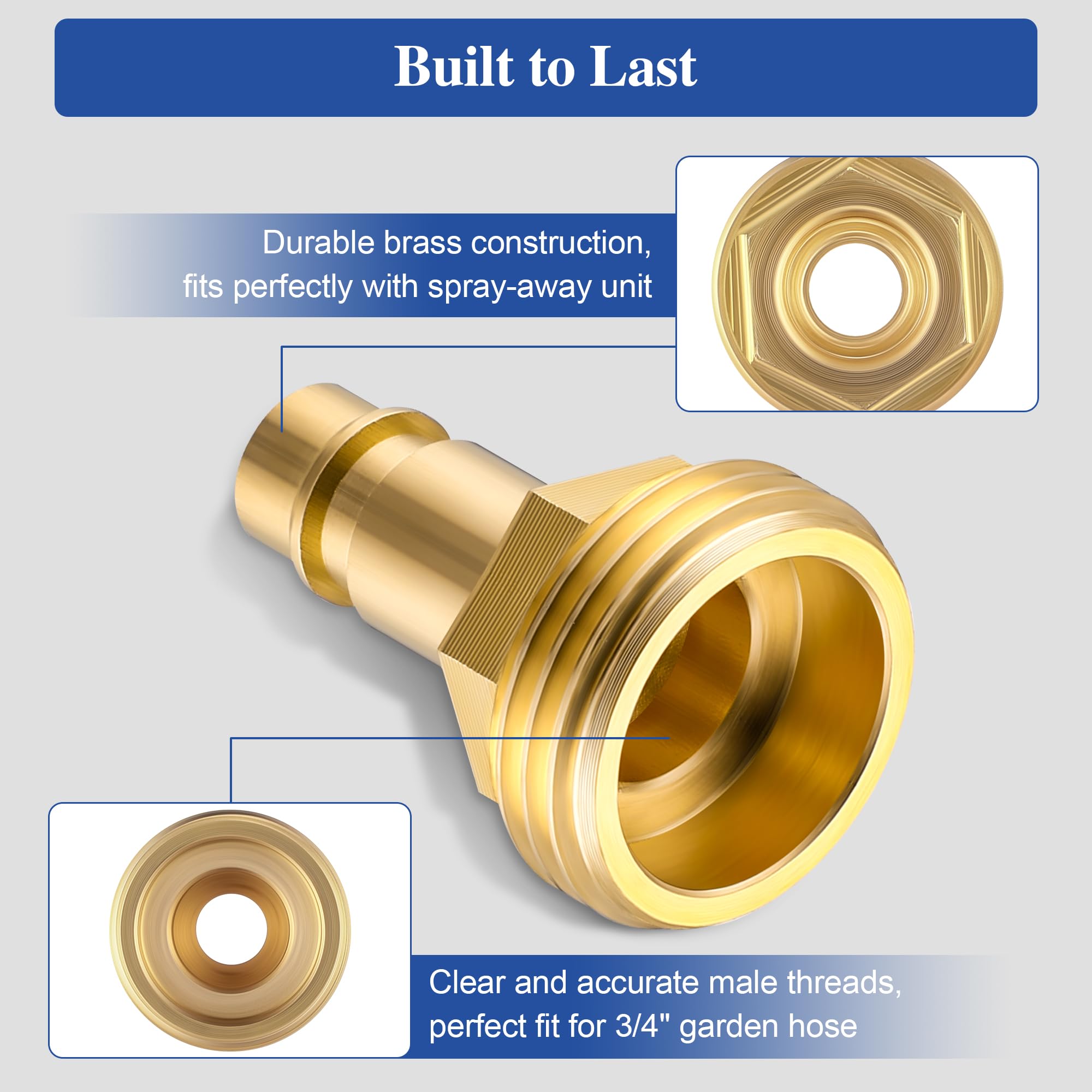 Dreyoo Quick Connector Hose Adapter Replacement for PF247007, 1/2" Quick Connector for 3/4" Garden Hose RV Spray Port Outlet and Spray Away, Quick Connectors Adapter with PTFE Tape, Brass(2 Pcs)