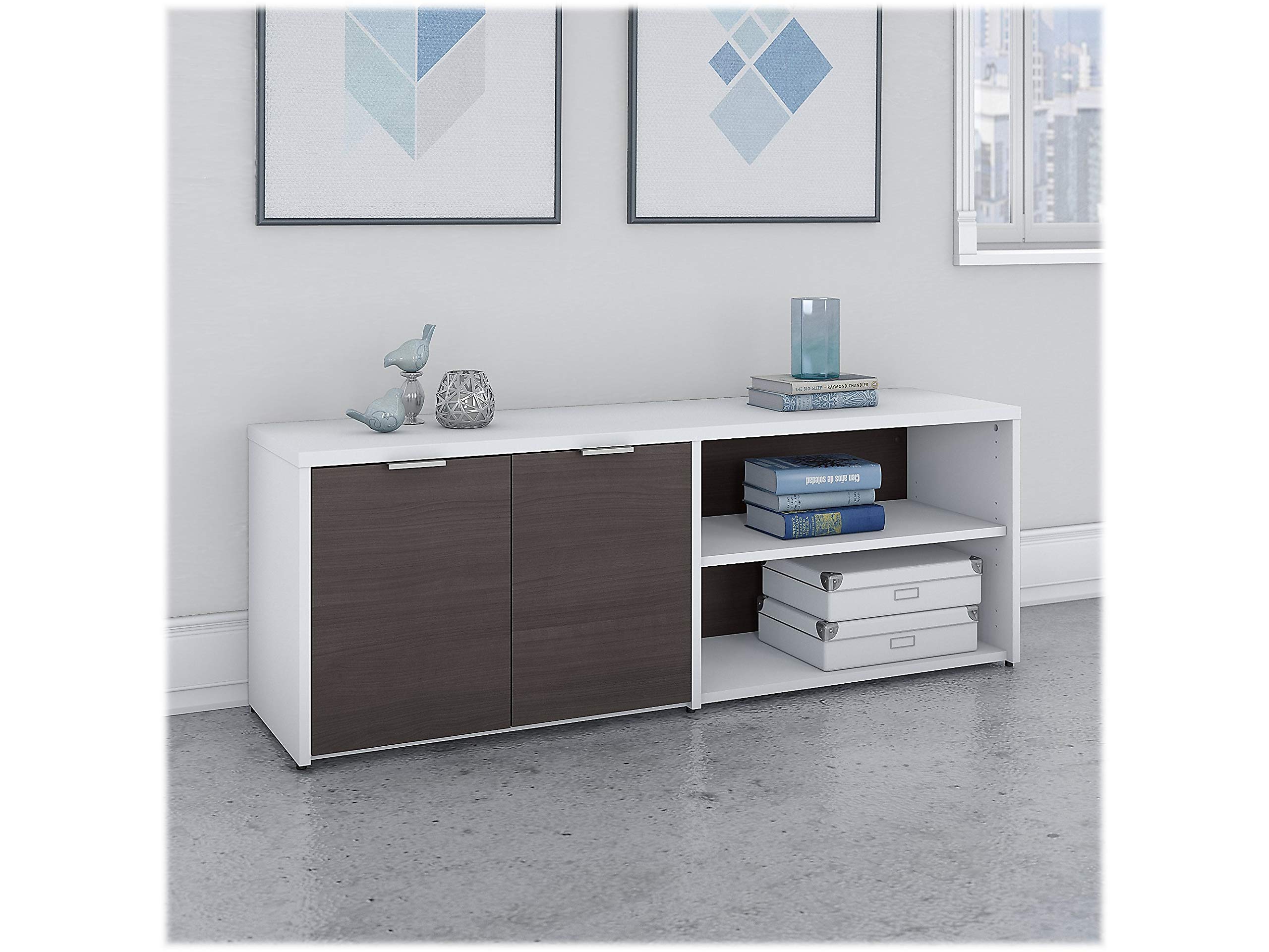 Bush Furniture Low Wide Cabinet with Doors and Shelves | Jamestown Collection Storage Chest with Satin Nickel Handles, 60W, Storm Gray/White
