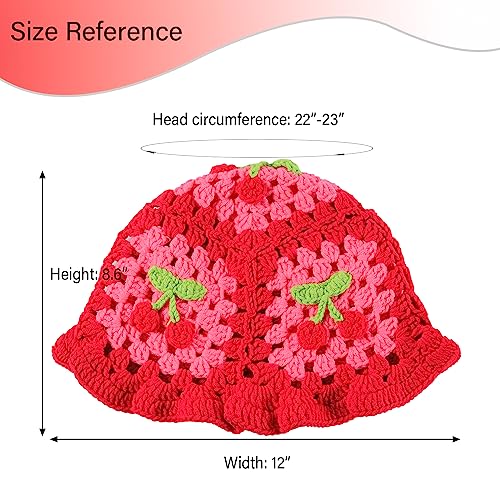 Fiewmay Crochet Bucket Hat for Women Handmade Floral Hat Portable Knitted Elastic Cute Beach Hat for Vacation Traveling(Cherry Red)