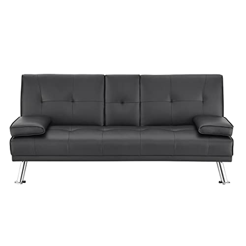 Naomi Home Black Futon Sofa Bed, Faux Leather Futon Couch with Armrest and 2 Cupholders, Pull Out Sofa Bed Couch with Metal Legs, Reclining Small Couch Bed, Black Couches for Living Room