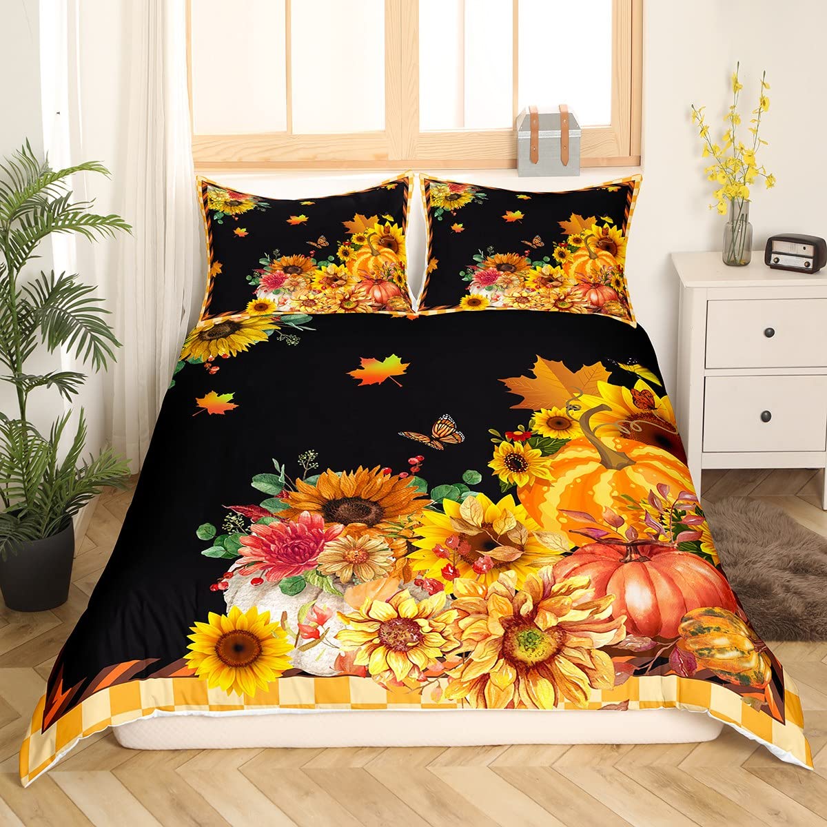 Pumpkin Bedding Duvet Cover Set Fall Sunflowers Butterfly Bedding Set Boys Girls Geometric Plaid Decor Comforter Cover Set Microfiber Vintage Maple Leaves Bedspread Cover Bedroom Bedclothes Queen Size