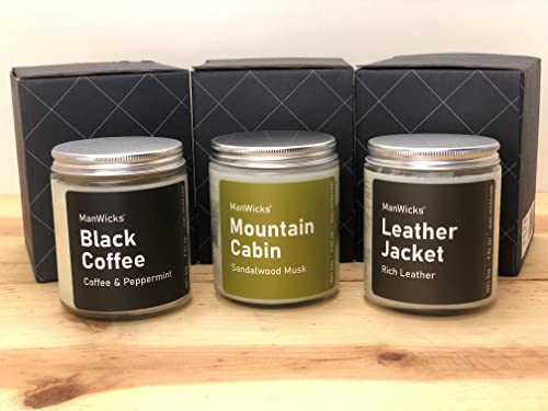 ManWicks Candle Gift Set | 3 Candles | Sandalwood Musk, Coffee & Peppermint, Rich Leather | 100% Soy Wax | Includes Gift Boxes