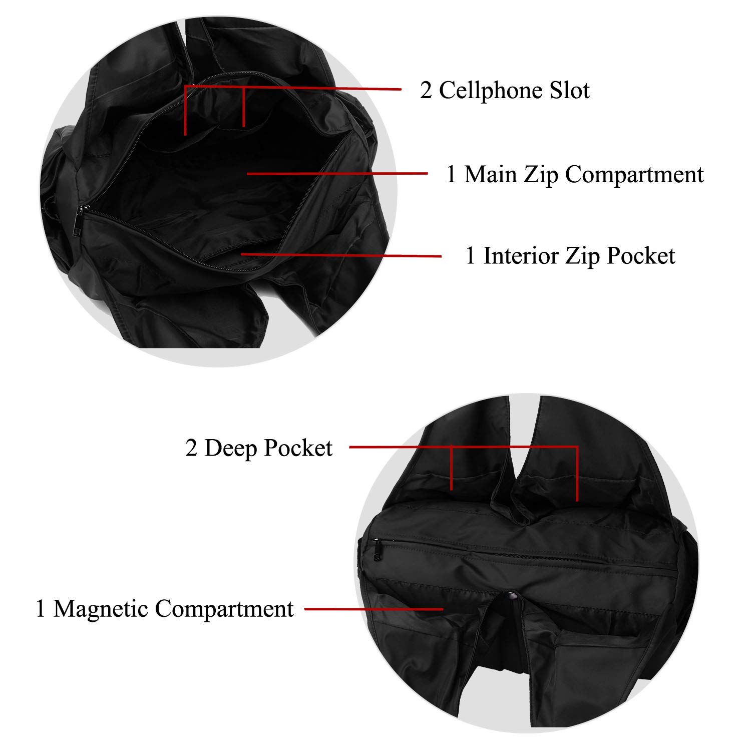Shoulder Bag for Women, Waterproof Shopping Lightweight Work Purse and Handbag Travel Beach Tote Nylon Large Capacity Hobo (8022-BLACK)