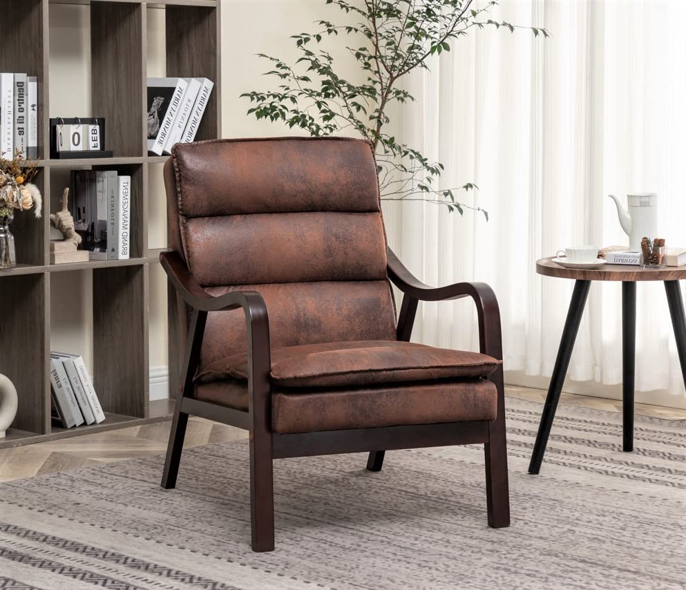 Container Furniture Direct Mid Century Modern Accent Chair for Living Room, Bedroom or Office, Retro-Styled Armchair with Solid Wood Frame and Plush Cushioning, Spotted Microfiber, Brown