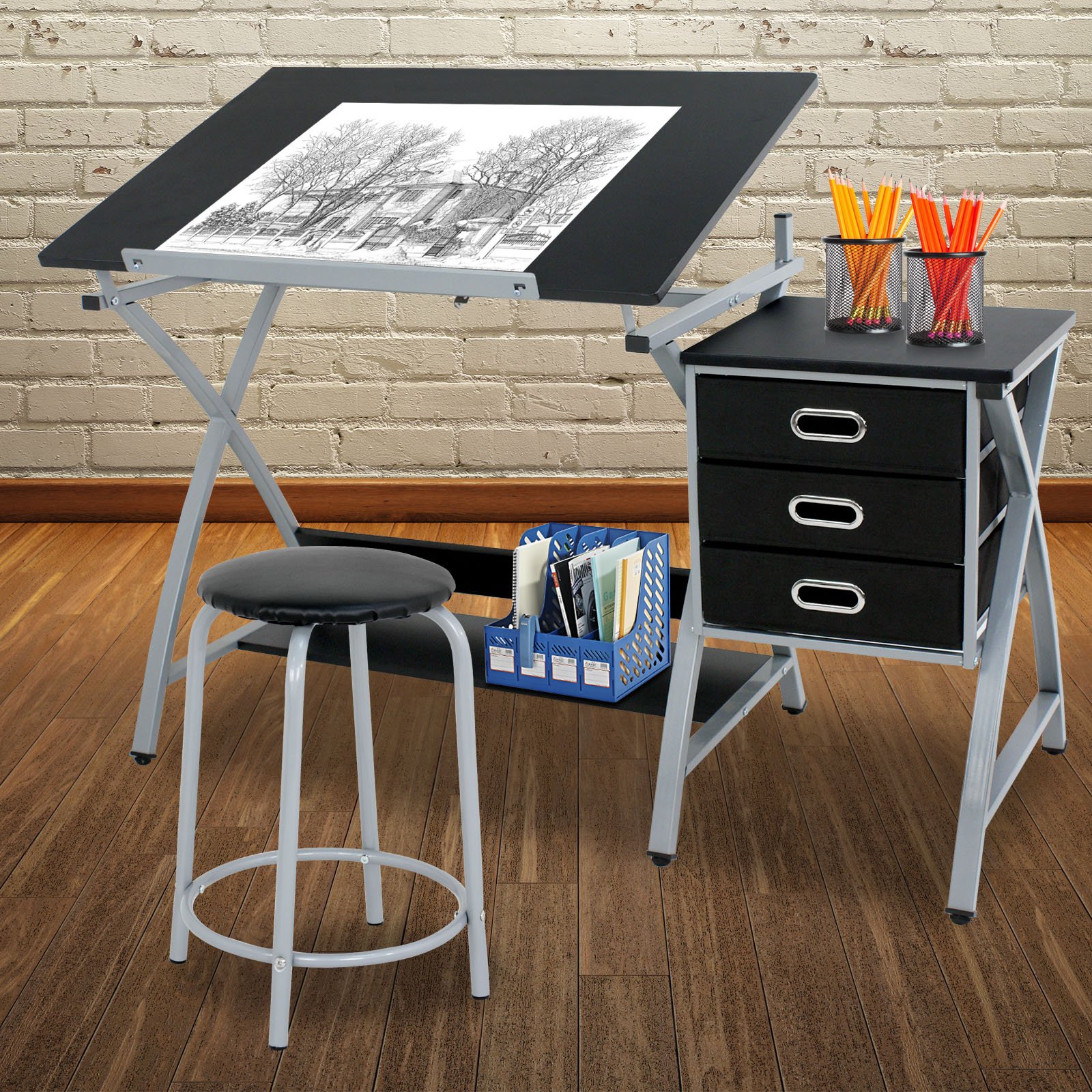 JupiterForce Drafting Table with Tiltable Tabletop and Stool, 3 Storage Drawers, Art Desks for Adults, Painters, Work Station, Home Office, Black