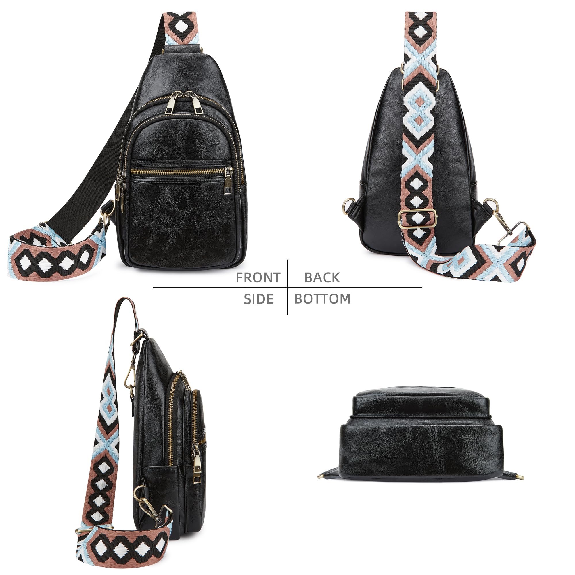Cynure Women's Vegan Leather Sling Bag Packs Small Zipper Crossbody Chest Backpacks, Black