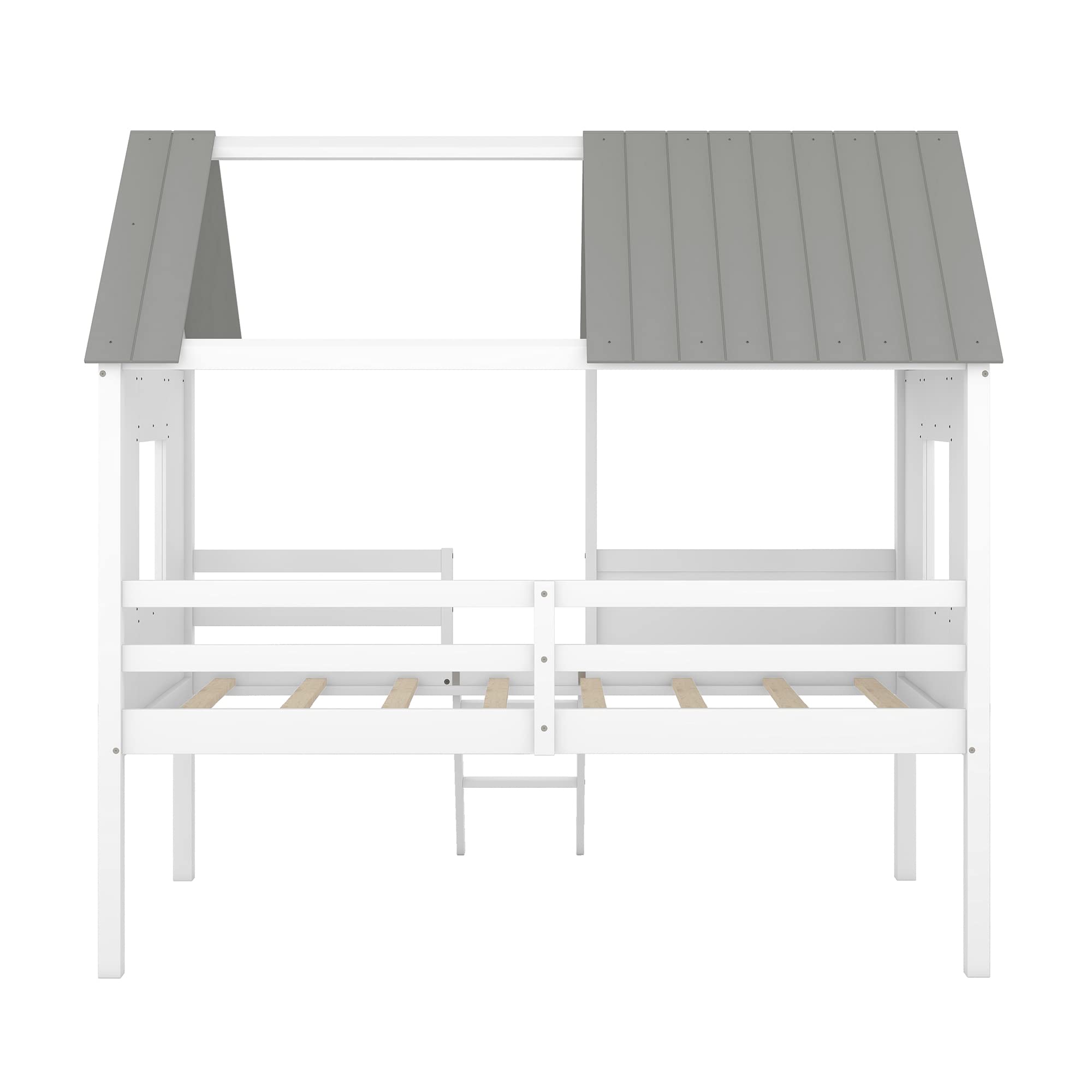 Harper & Bright Designs House Twin Bed for Kids, Low Loft Bed Frame Twin Size, Wood Kids Twin House Bed with Two Side Windows and Roof for Kids,Teens, Girls & Boys, No Box Spring Needed (White+Gray)