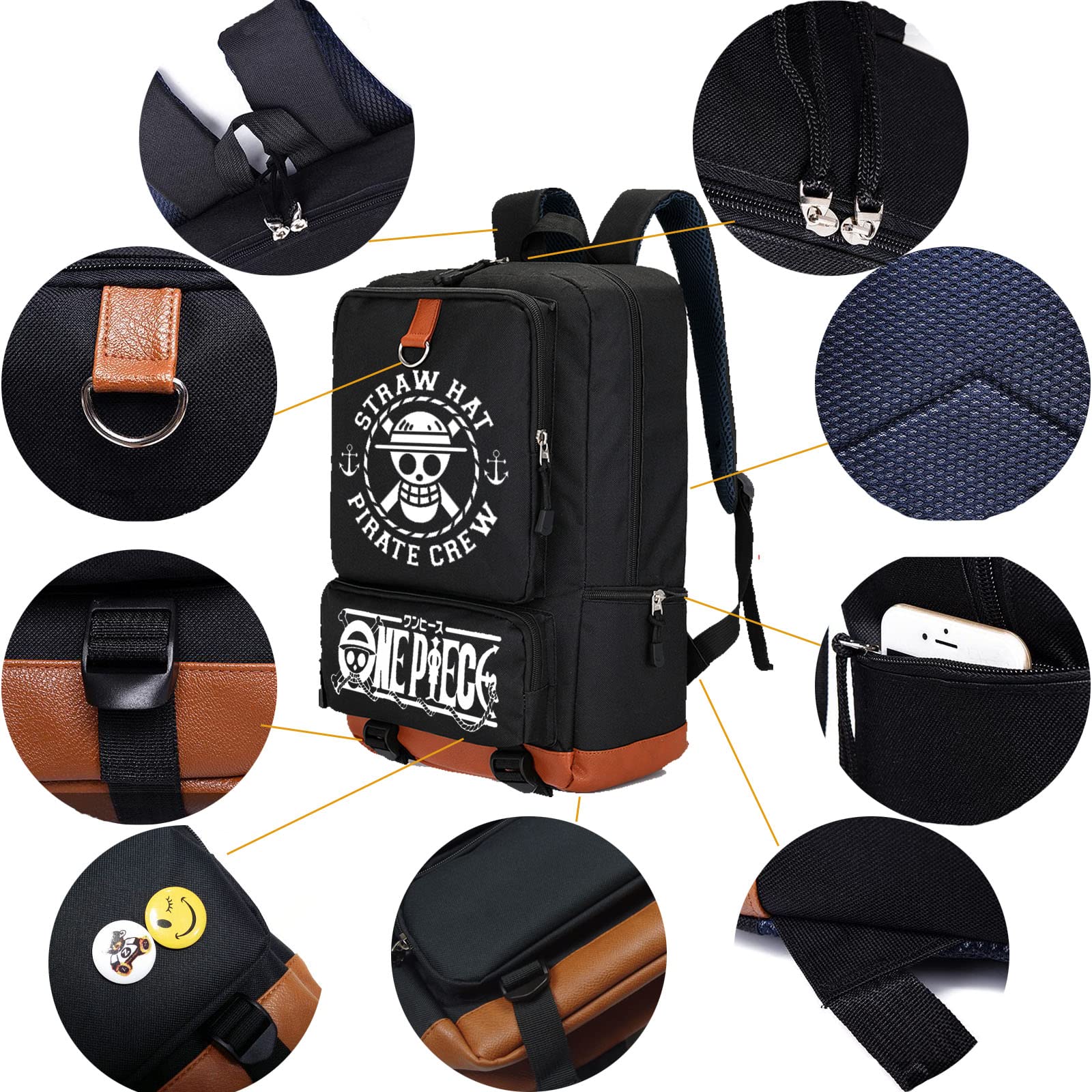 CYOIDAI PRZPRN Anime One iece Backpack Straw Hat Crew Bag Necklace Set for Men Women Canvas L-B