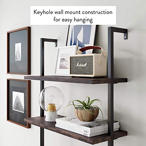 Nathan James Theo 2-Shelf Industrial Wall Mount Ladder Table, Nutmeg/Matte Black & Theo 4-Shelf Bookcase, Floating Wall Mount Shelves with Natural Wood and Industrial Pipe Metal Frame, Nutmeg/Black