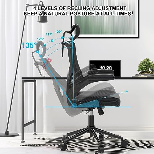 π―πΆπ΄π¬ πΆπππ°πͺπ¬ πͺπ―π¨π°πΉ, Ergonomic Mesh Desk Chair, High Back Computer Chair- Adjustable Headrest with Flip-Up Arms, Lumbar Support, Swivel Executive Task Chair (Modern, Black)