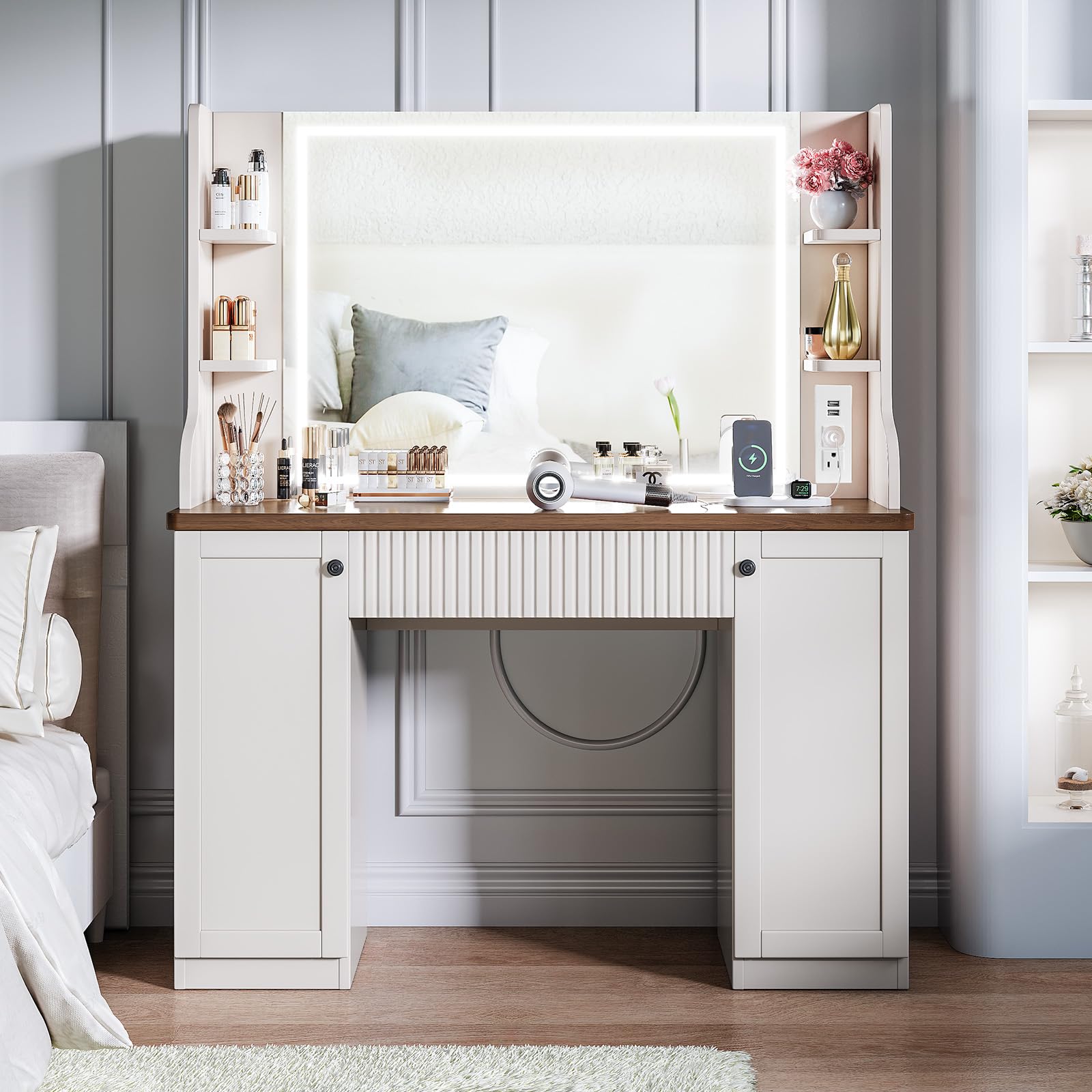 Dripex Makeup Vanity Desk with Mirror and Lights LED Makeup Table with Drawer, Cabinets, Power Strip, for Bedroom Dressing Table - White