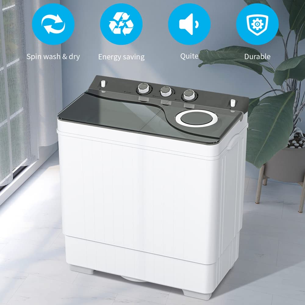 Colilove Portable Clothes Washing Machine 26Lbs Semi-Automatic Twin Tub Washer Mini Compact Laundry Machine with Drain Pump for Apartment, Dorms, RVs, Camping and More, White & Grey
