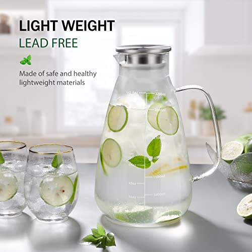 Glass Pitcher with Lid 1 Gallon, 113OZ Glass Water Pitcher with Precise Scale Line, WELLCHE 18/8 Stainless Steel Tea Pitcher 1 Gallon for Fridge, Easy to Clean Heat & Cold Resistant Borosilicate Glass
