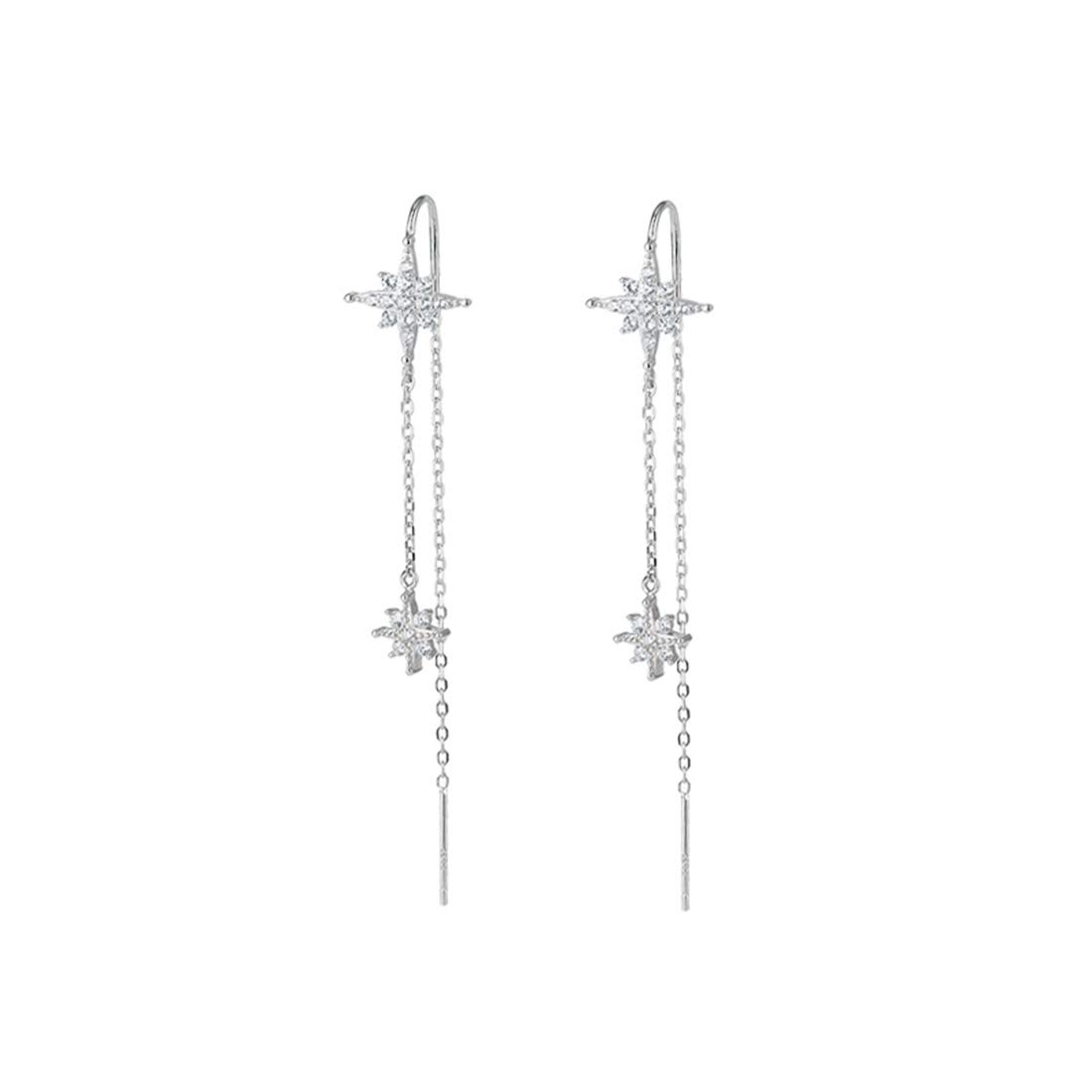 SLUYNZ Sterling Silver CZ Star Dangle Earrings for Women Teen Girls Long Dangle Earrings Threader Tassel (A-Silver)