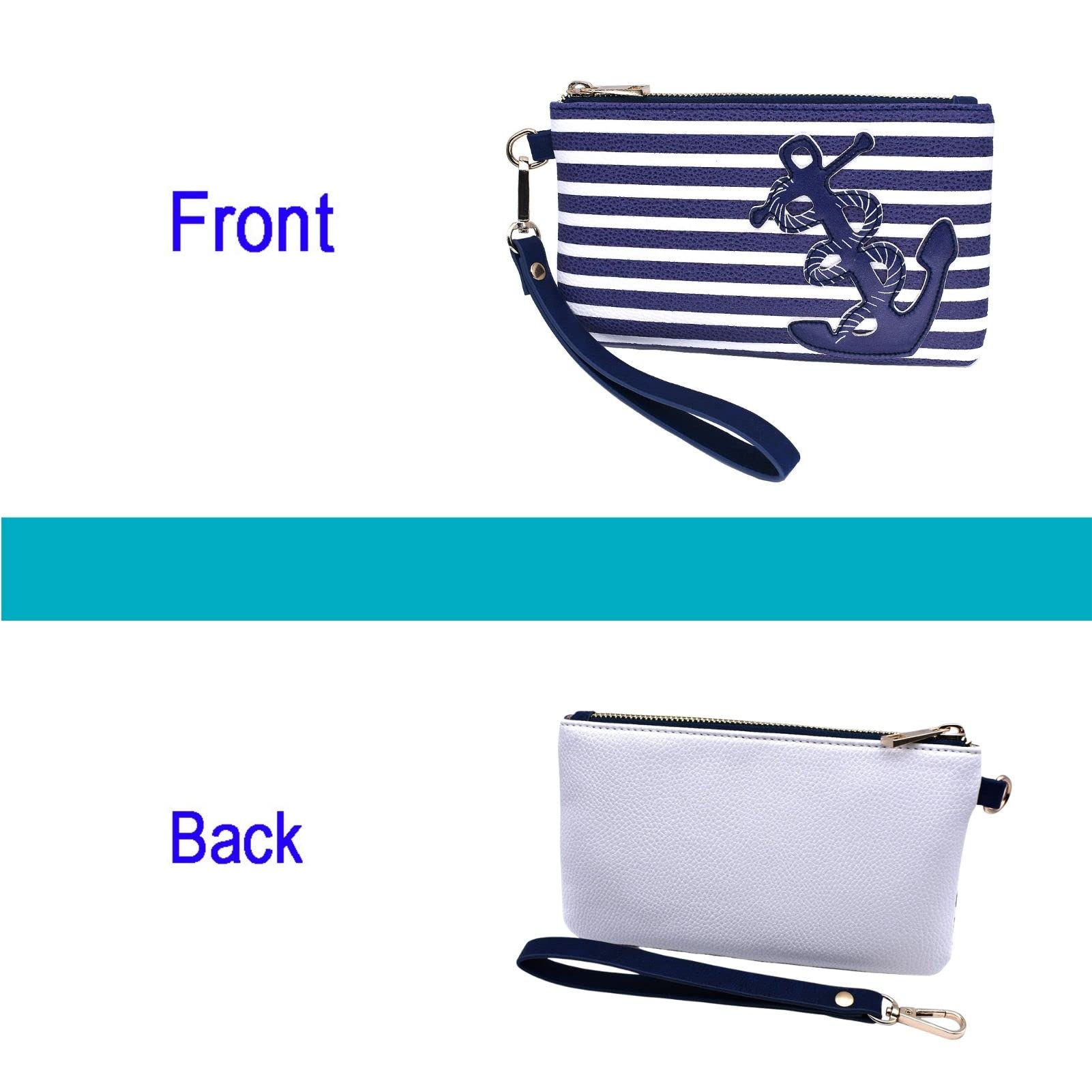 Small Anchor Wristlet Wallet Purse for Women Faux Leather Bag Handbag with Zipper Blue