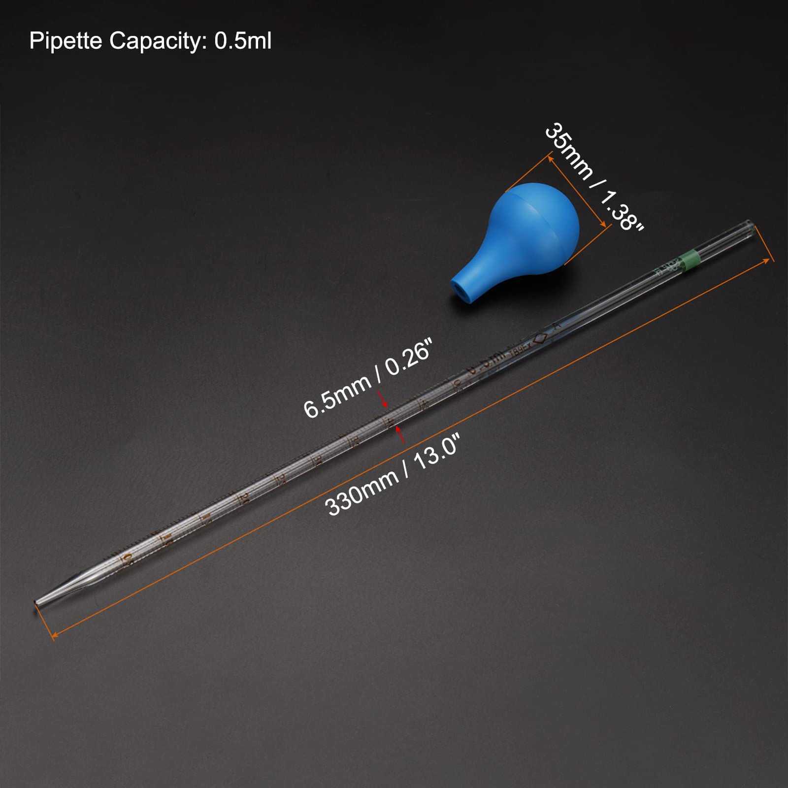 PATIKIL Graduated Dropper Pipettes Kit, 2pcs 0.5ml Borosilicate Glass Pipette with Rubber Cap for Transfer Liquid for Lab, Chemistry, Clear