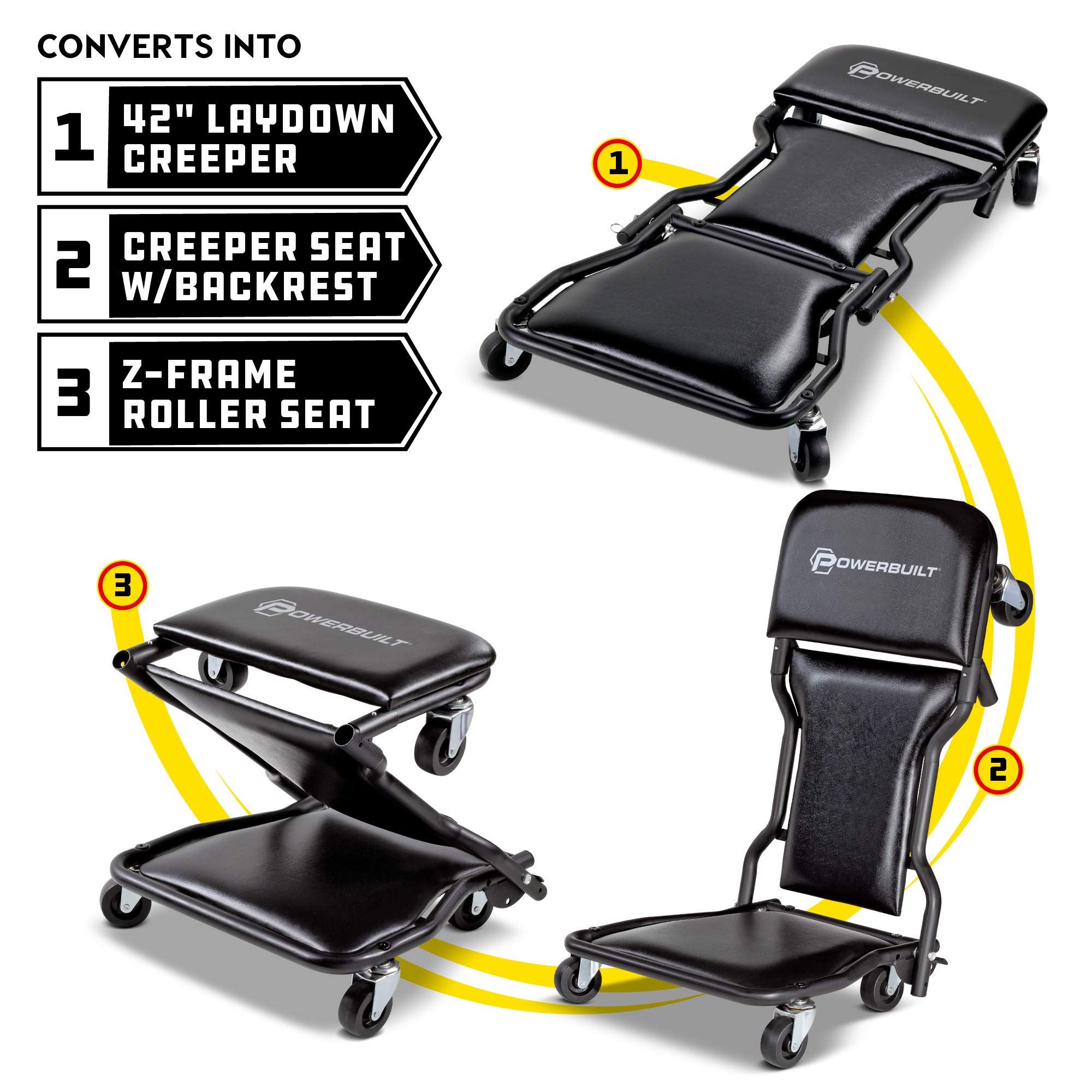 Powerbuilt 42-Inch Triplex Folding Creeper, Rolling Seat, and Brake Stool, All-in-One Adjustable Roller Garage Chair, Lay Down or Sit, Black 620469