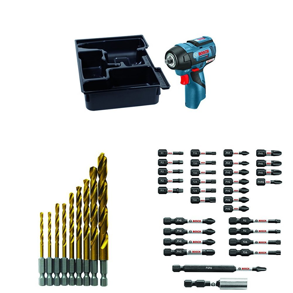 Bosch PS82BN 12V Max EC Brushless 3/8 inch Impact Wrench with Exact-Fit Insert Tray w/ 9 pc Drill Bit Set and 32 pc Impact Bit Set