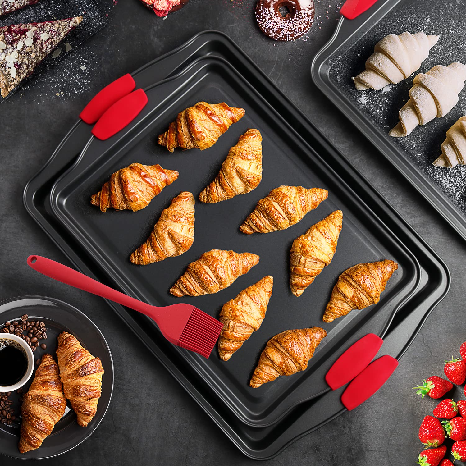 Eatex Baking Sheet, 6PC Cookie Sheet Set with Silicone Handles, Nonstick Steel Baking Pan, Durable Baking Sheets for Oven, BPA Free Baking Pans Set, Cookie Sheets for Baking Set – Black Bakeware