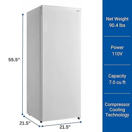 Koolatron Garage-Ready 7.0 Cu Ft Upright Freezer Low-Frost Technology Premium Insulation Repositionable Shelves Pizza Compartment Reliable Compressor Cooling Ideal Basements Outbuildings