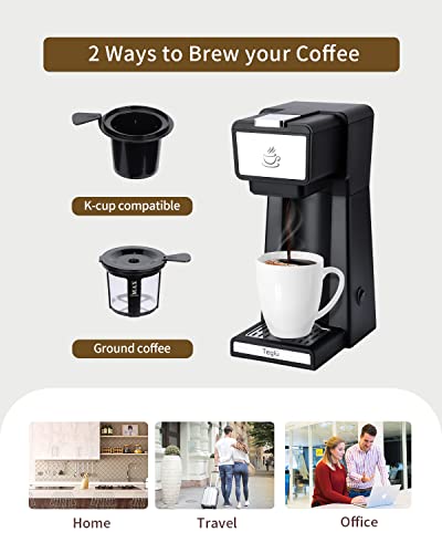 Teglu Upgraded Single Serve Coffee Maker 2 in 1 for K Cup Pods & Ground Coffee, Mini K Cup Coffee Machine 6-14 oz, One Cup Coffee Brewer with One-Bouton Fast Brewing, Reusable Filter, Slim Version