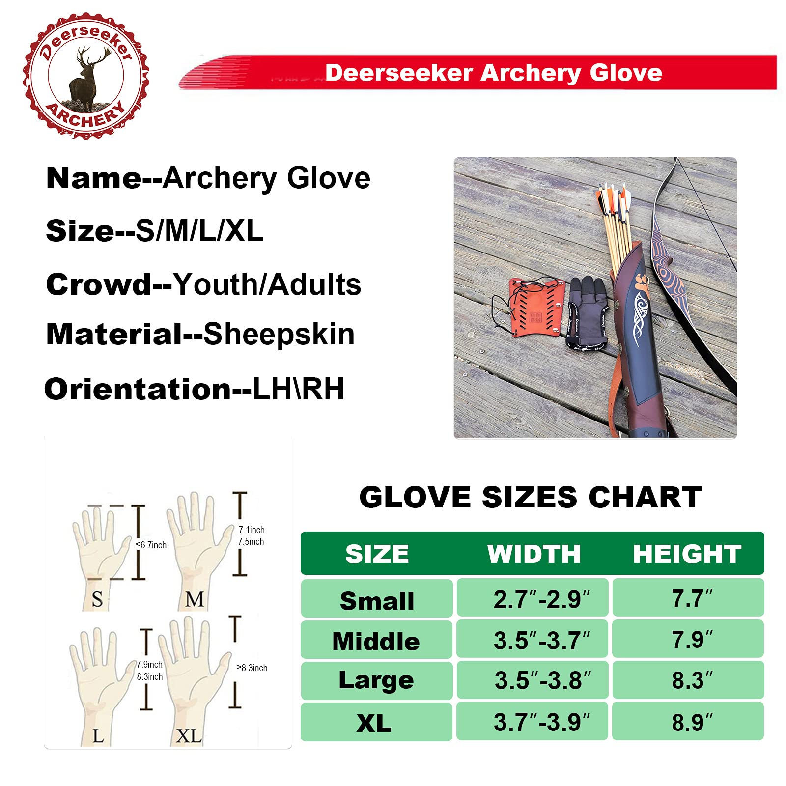 Deerseeker Archery Glove Handmade Leather Three Fingers Protective Archery Accessories Finger Tab for Takedown Recurve Bow Traditional Bows with LH/RH for Youth & Adult Beginners (Medium)