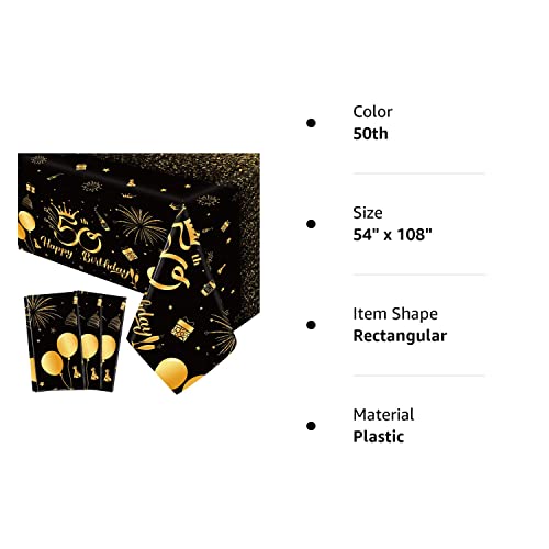 Remagr 3 Pack 50th Happy Birthday Tablecloth Disposable Plastic Table Cover Rectangular Black and Gold Cloths for Parties Decoration Supply Men Women Birthday, 54 x 108 Inch(50th), 54'' 108''
