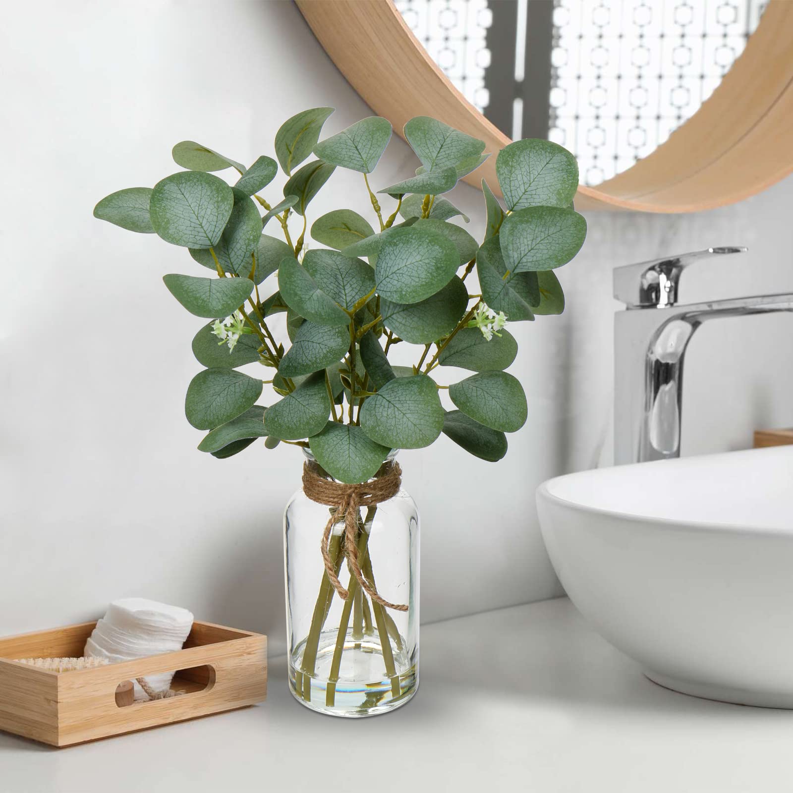 Briful Artificial Eucalyptus Stems in Glass Vase with Faux Water, 14" Fake Plant Eucalyptus Leaves for Home Office Farmhouse Wedding Centerpiece Décor