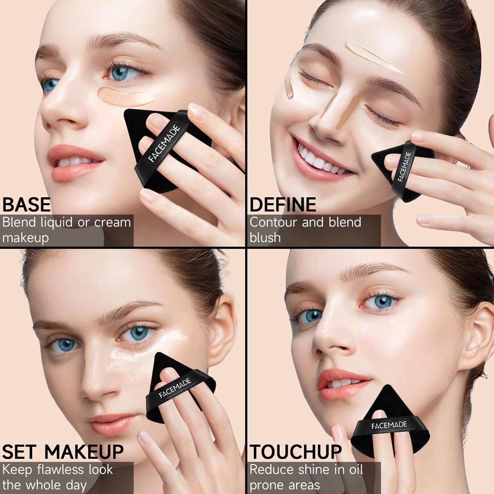 FACEMADE 12 Pieces Face Powder Puff with a Travel Case, Soft Makeup Puff with a Container, Triangle Velour Makeup Sponge for Loose Powder Body Powder, Beauty Makeup Tools, Black
