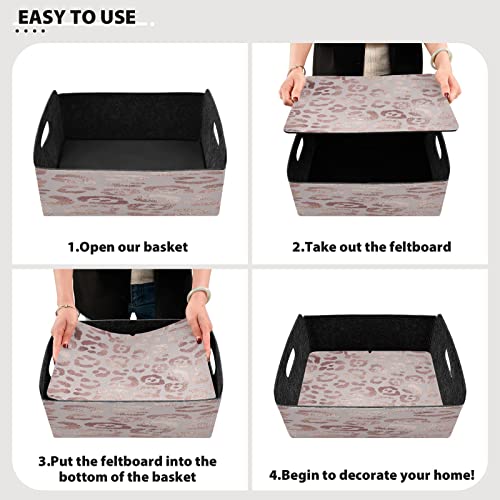 Kigai Collapsible Felt Storage Bins Rose Gold Leopard Print Rectangle with Handle Storage Bins Baskets Toys Storage Basket for Organizing Closet Clothes Office Books Home Decor