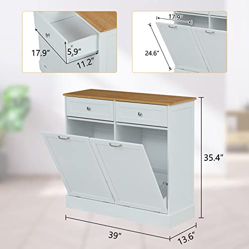 J-SUN-7 Double Tilt Out Trash Cabinet - Wooden Free Standing Kitchen Trash Can with 2 Hideaway Drawers, Multifunctional Trash Can Cabinet with Removable Cutting Board, White