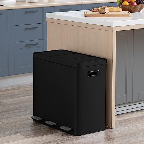 Home Zone Living 15.9 Gallon Kitchen Trash Can, Three Removable Liners for Recycling and Trash, Wide Stainless Steel Shape, Black (5.3 + 5.3 + 5.3 for 15.9 Gallon Total)